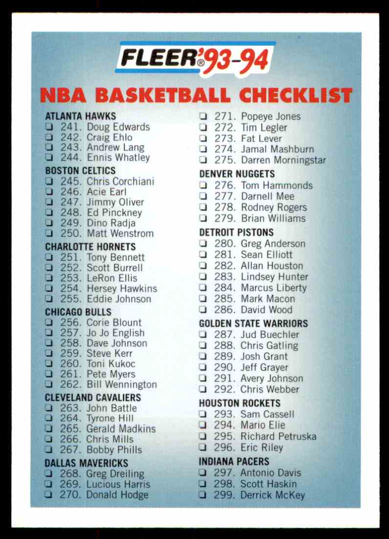 1993 Fleer #399 Checklist Value Basketball | Collectibles.com